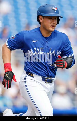 Kazuma Okamoto #7 of Toronto Blue Jays swings against Minnesota Twins ...