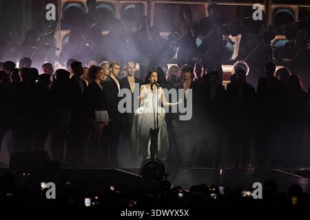 Rosalia performs during the Brit Awards 2026 in Manchester, England ...