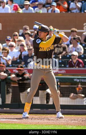 San Diego Padres' Jase Bowen, left, and Los Angeles Angels' Logan O ...