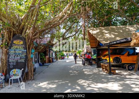 Sunlit island road through dense tropical vegetation under blue sky on ...