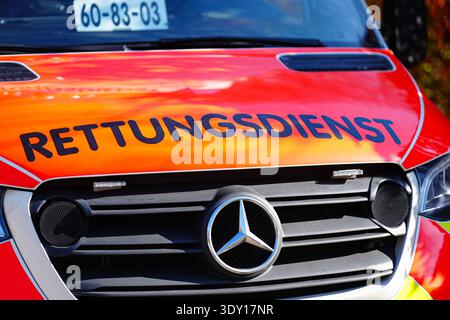 Aufschrift "Rettungsdienst" auf Rettungswagen Symbolfoto: Blaulicht, 16 ...