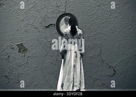 Horror scene of a scary woman bride ghost in an abandoned ruined ...