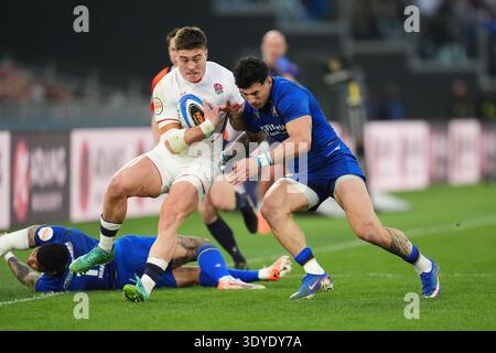 Seb Atkinson of England and Tommaso Menoncello of Italy during the Six ...