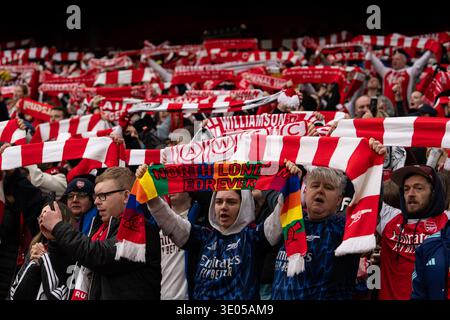 Manchester United scarfs and flags on sale during the Premier League ...