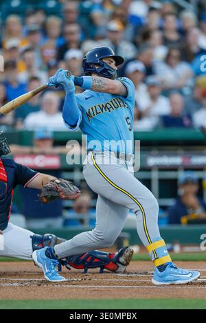 Milwaukee Brewers center fielder Garrett Mitchell throws to home plate ...