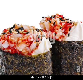Two sushi rolls topped with bright red caviar, featuring cream cheese ...