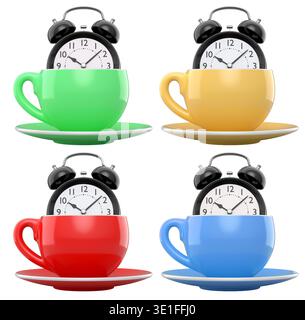 Colorful alarm clocks paired with matching takeaway coffee cups ...