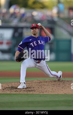 Texas Rangers pitcher MacKenzie Gore throw to a Athletics batter during ...