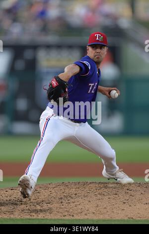 Texas Rangers pitcher MacKenzie Gore throw to a Athletics batter during ...