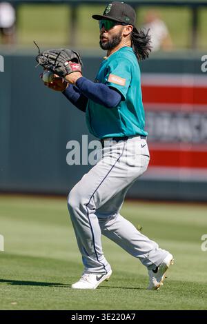 Seattle Mariners left fielder Connor Joe is unable to catch the double ...