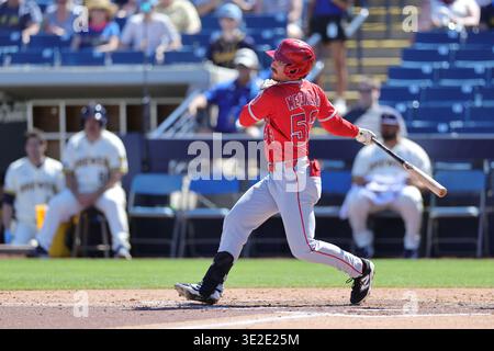 Los Angeles Angels' Wade Meckler (53), right is greeted by Logan O ...