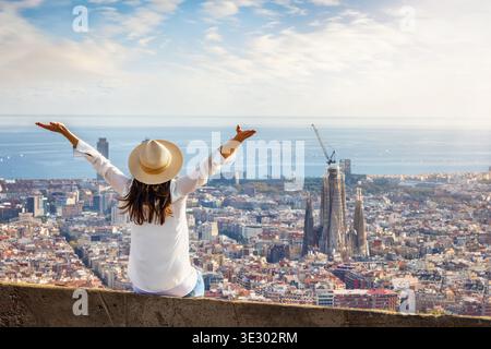 Happy woman tourist enjoys travel adventure, sitting on balcony net ...