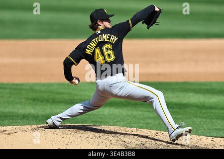 Pittsburgh Pirates relief pitcher Mason Montgomery reacts after giving ...
