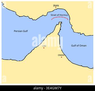 Map of the Strait of Hormuz in the Middle East under a magnifying glass ...