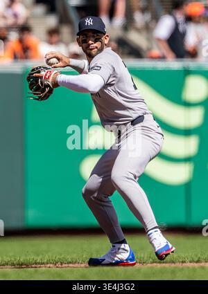New York Yankees' José Caballero, left, celebrates with Jazz Chisholm ...
