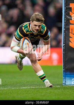 Northampton Saints' Archie McParland (second right) celebrates scoring ...