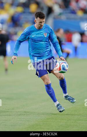 Croatia forward Ivan Perišić (14) heads the ball during the England vs ...