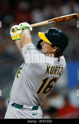 Athletics' Nick Kurtz (16) bats during a baseball game against the Los ...