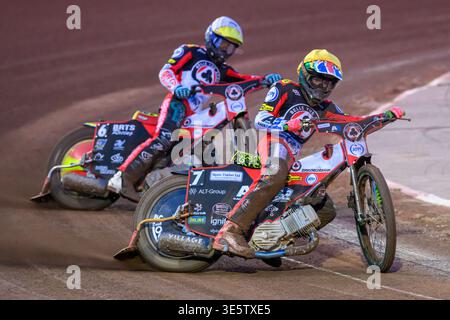 William Cairns of Belle Vue Aces does a wheelie during the Rowe Motor ...