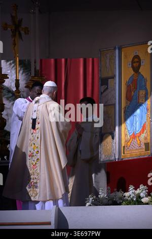 Pope Leo XIV celebrates a Holy Mass at the Malabo stadium in Malabo ...