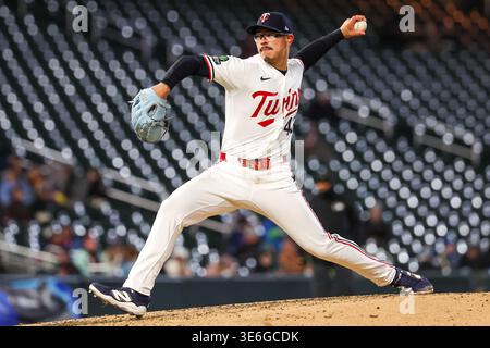 Minnesota Twins pitcher Anthony Banda throws to the Detroit Tigers ...
