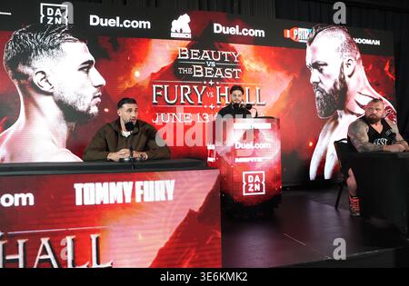 Tommy Fury (left) and Eddie Hall face off during the press conference ...
