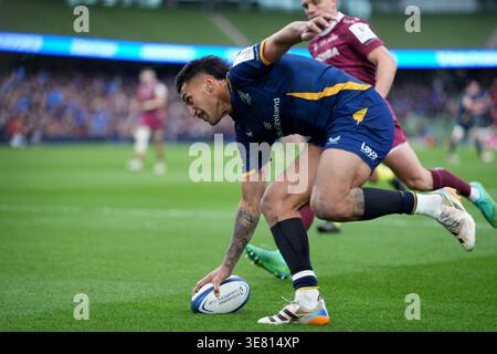 Rieko Ioane of Leinster scores a try during the BKT United Rugby ...