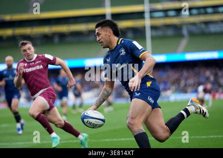 Rieko Ioane of Leinster scores a try during the BKT United Rugby ...