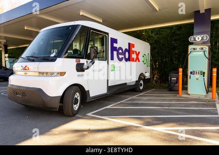 FedEx electric delivery van with sustainability branding parked on city ...