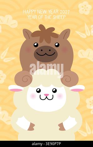 Year of the Sheep 2027 vertical card with zodiac horse and snake. Cute ...