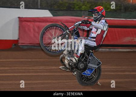 Jake Allen of Redcar Bears pulls a wheelie after Heat 11 of the Cab ...