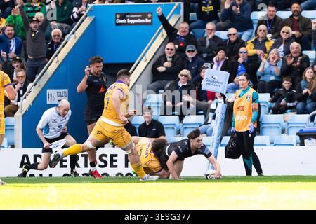 Exeter, England, UK, 18 April 2026. Fin Smith (left) and Henry Pollock ...