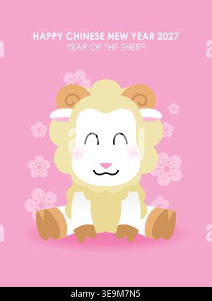 Year of the Sheep 2027 vertical card with zodiac horse and snake. Cute ...