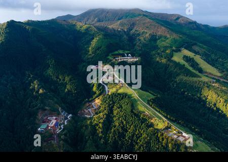 Lush green volcanic mountains and winding road in Gran Canaria, Canary ...