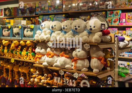 A variety of plush animal toys, including Beanie Babies, are neatly ...