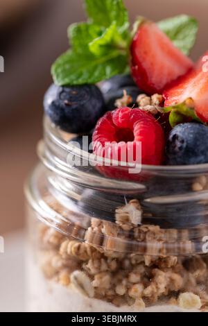 Creamy oatmeal topped with fresh raspberries mint leaves in ribbed ...