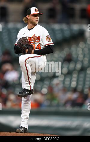 Baltimore Orioles pitcher Shane Baz throws during the third inning of a ...