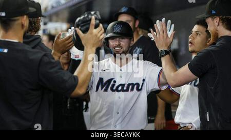 Miami Marlins' Liam Hicks, right, celebrates his home run against the ...