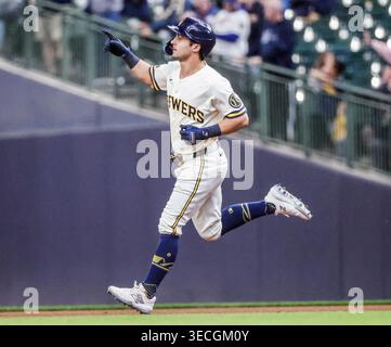 Milwaukee Brewers' Sal Frelick runs to first base during a baseball ...