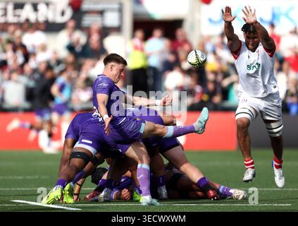 Stephen Varney of Exeter Chiefs box kicks the ball from his own line ...