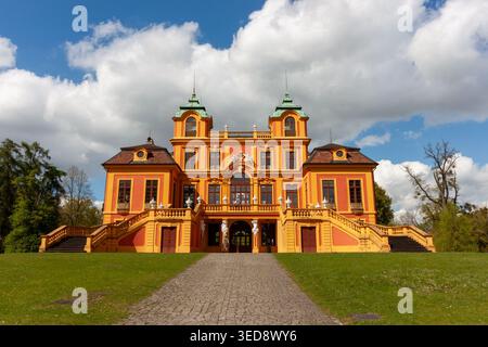 Front view of Schloss Favorite baroque palace framed by tree-lined ...