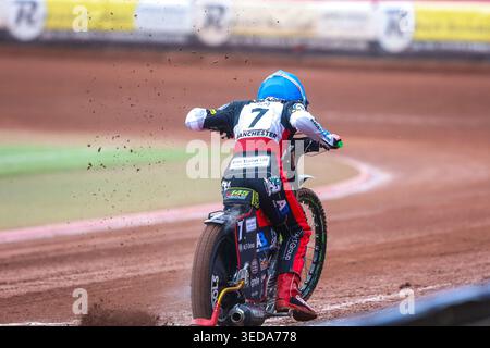 William Cairns of Belle Vue Aces does a wheelie during the Rowe Motor ...