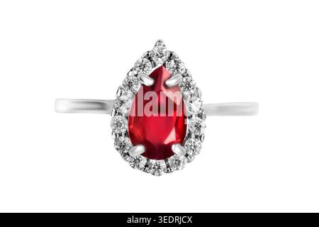 White gold ring with ruby crystals flower isolated on black background ...