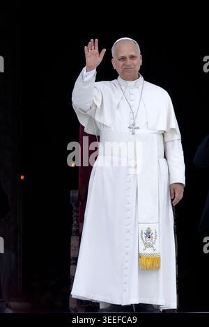 Pope Leo XIV seen waving to the faithful while he was leaving at the ...