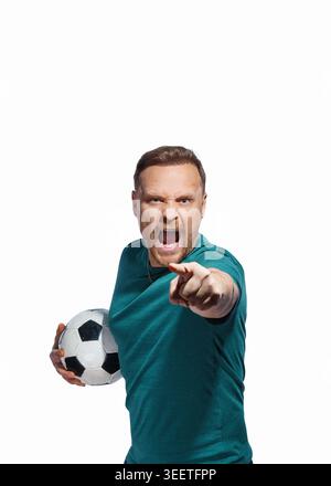 soccer fan or trainer with ball in hand celebrating on isolated on free ...