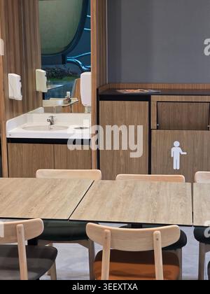 Empty wooden table in restroom, closeup Stock Photo - Alamy