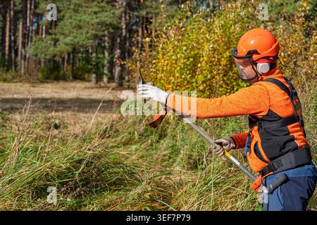 Man mowing tall grass with string trimmer in field, landscape ...