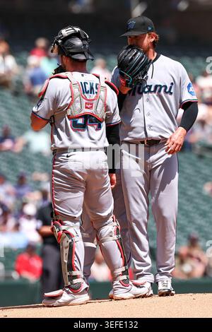 Miami Marlins catcher Liam Hicks (34) celebrates a double in the 7th ...