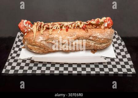 A gourmet hot dog in a crusty baguette topped with pickles, ketchup ...