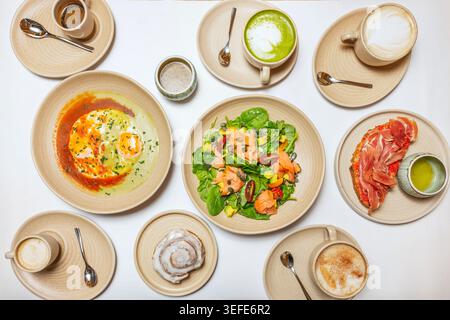 still life with coffees, infusions and brunch items, consolmon salad ...